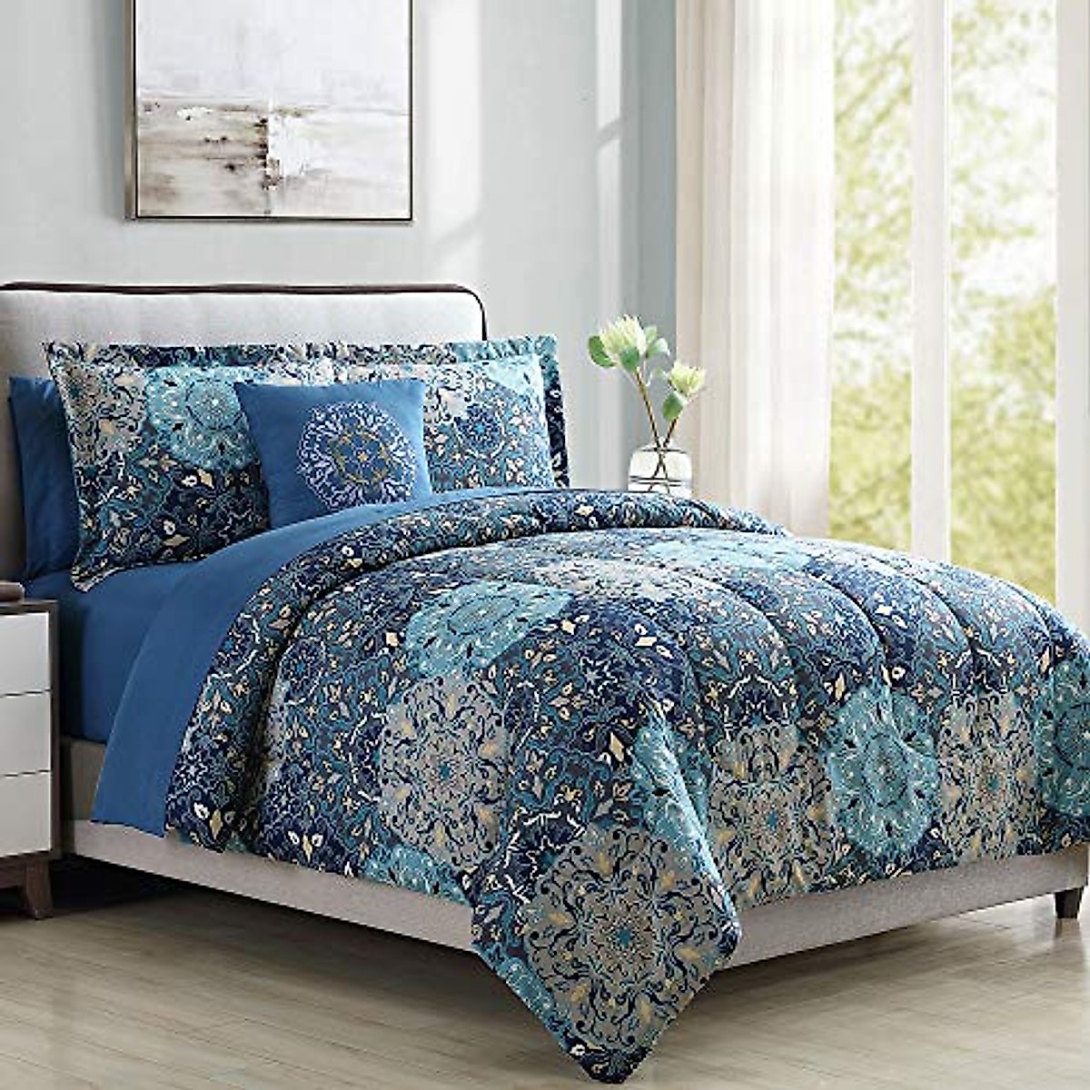 Modern Threads - Granada Collection Comforter Set - Reversible Microfiber - Elegant Printed Bed Set - Includes Comforter, Sheets, Shams, & Pillow - Luxurious Bedding