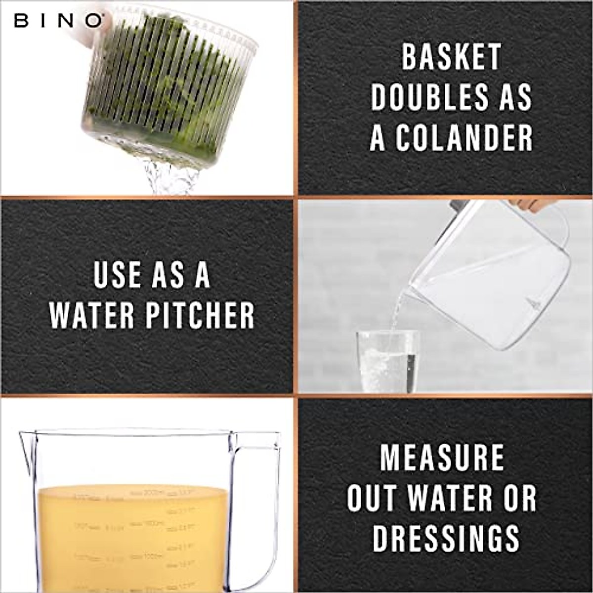 BINO | Salad Spinner - 2.6 Qt | Small Manual Lettuce Spinner with Built-in Draining System | Salad Spinner, Colander, and Water Pitcher in One | Fruit & Vegetable Basket Colander | Kitchen Gadgets