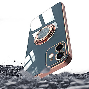 Omorro for Rose Gold iPhone 11 Case for Women Girls Kickstand Ring Holder 360 TPU Rotation Rings Cases with Stand Glitter Plating Edge Work with Magnetic Mount Slim Luxury Case Girly Cover Case Black