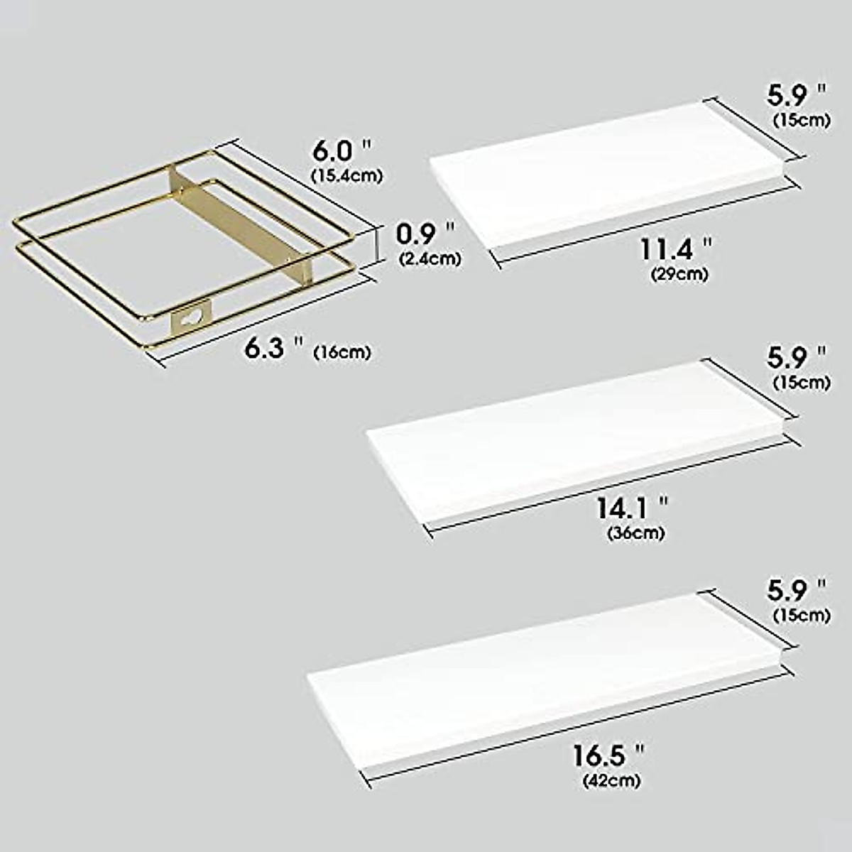 J JACKCUBE DESIGN White Wood Floating Shelves, Set of 3 Wall Mounted Hanging Shelves with Gold Wire Frames for Bedroom. Living Room, Kitchen, Bathroom and Office - MK696C