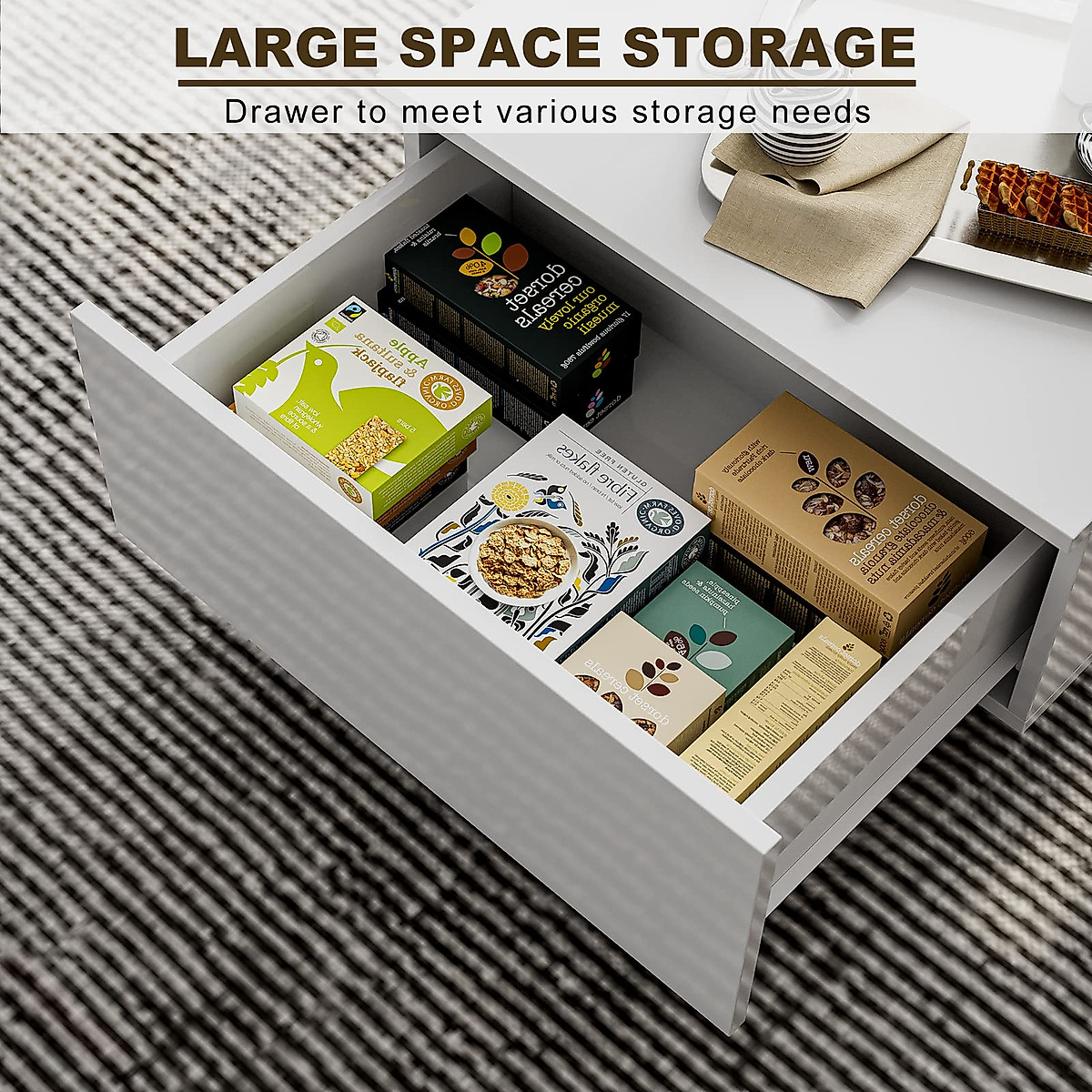 IKIFLY Modern LED Coffee Table with A Drawer, White High Glossy Coffee Table with 16 Colors LED Lights for Living Room