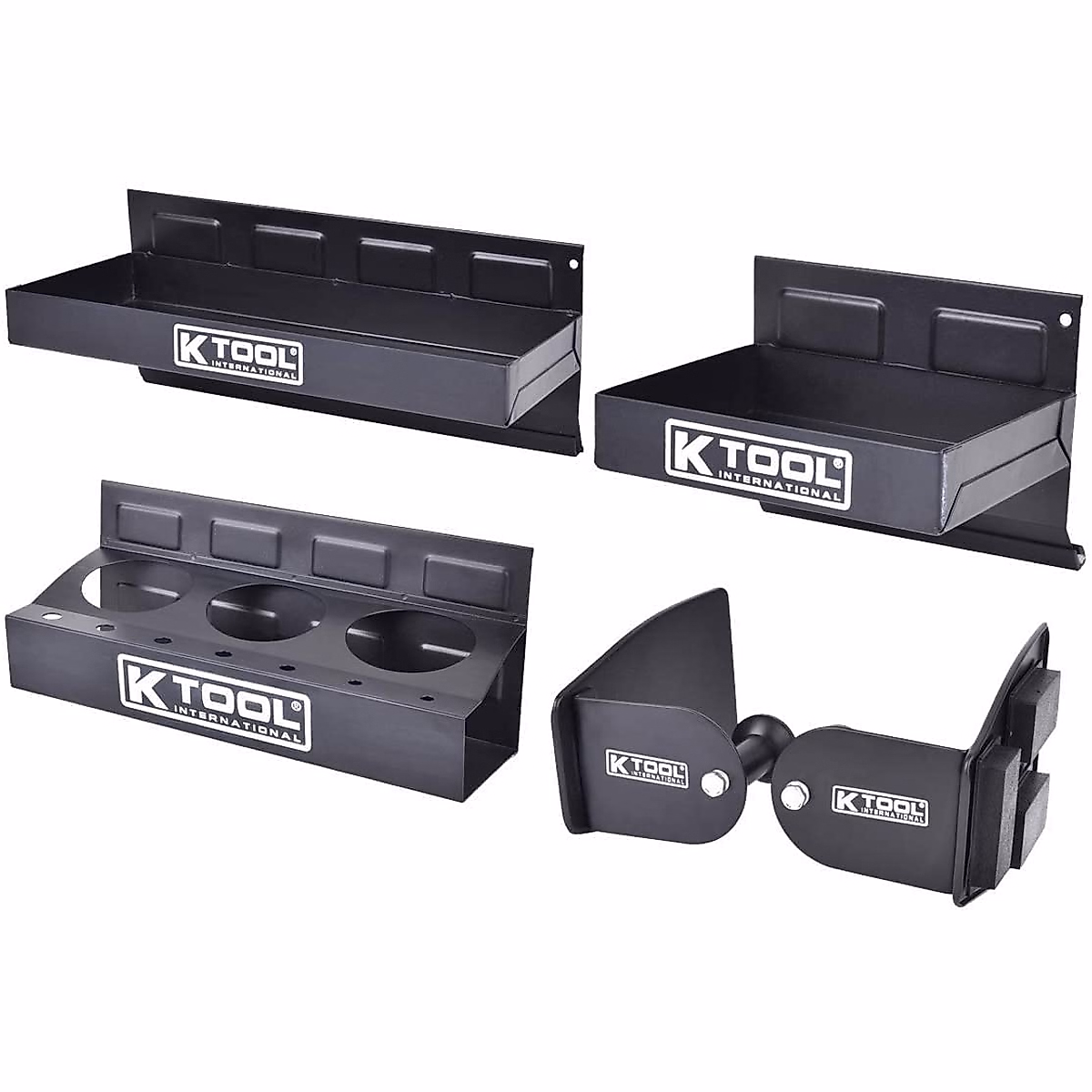 K Tool International 72462A Magnetic Toolbox Shelf, Tray, and Holder Set for Garages, Repair Shops, and DIY, Rubber Coated Magnets, (2) Trays, (1) Paper Towel and Spray Can Holders, Black, 4-Piece