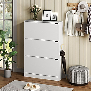 BORNOON Shoe Cabinet with 3 Flip Drawers, Hidden Wood Shoe Cabinet,Freestanding Shoe Storage Cabinet for Entryway Hallway.White. 47.2" H*31.5" W*9.25" D.