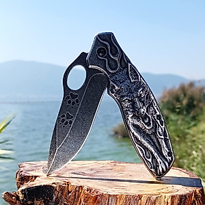 2PCS Set Pocket Folding Knife for Men, 3D DRAGON & WOLF Relief, Embossed Edc Knife For Men Outdoor Survival Camping Hiking hunting