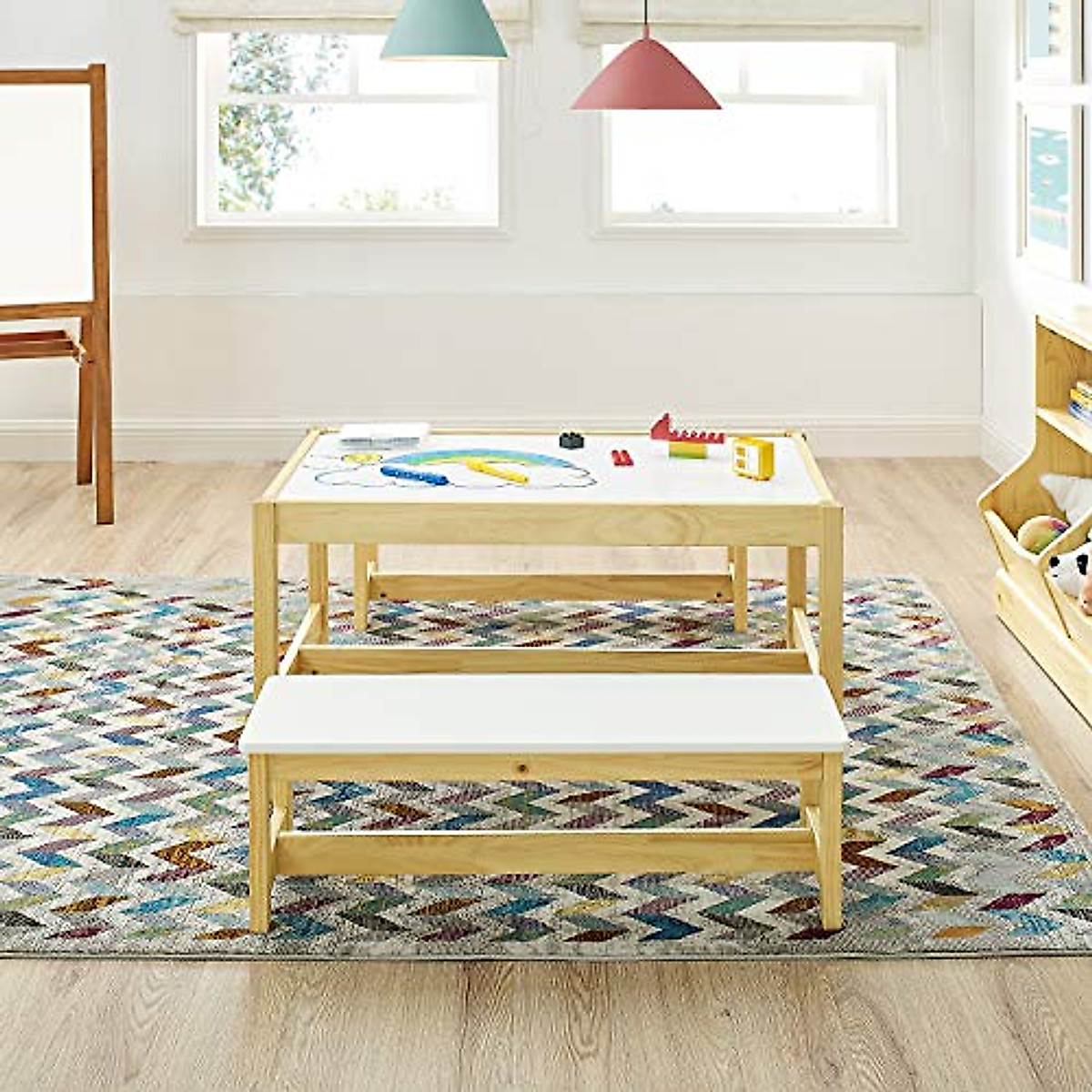 MUSEHOMEINC Kids Activity Table and Bench Set,Drawing and Painting Table for Study,Arts,Craft and Dining.3 in 1 Todder Play Table and Chair Set,Wooden Playroom and Learning Furniture