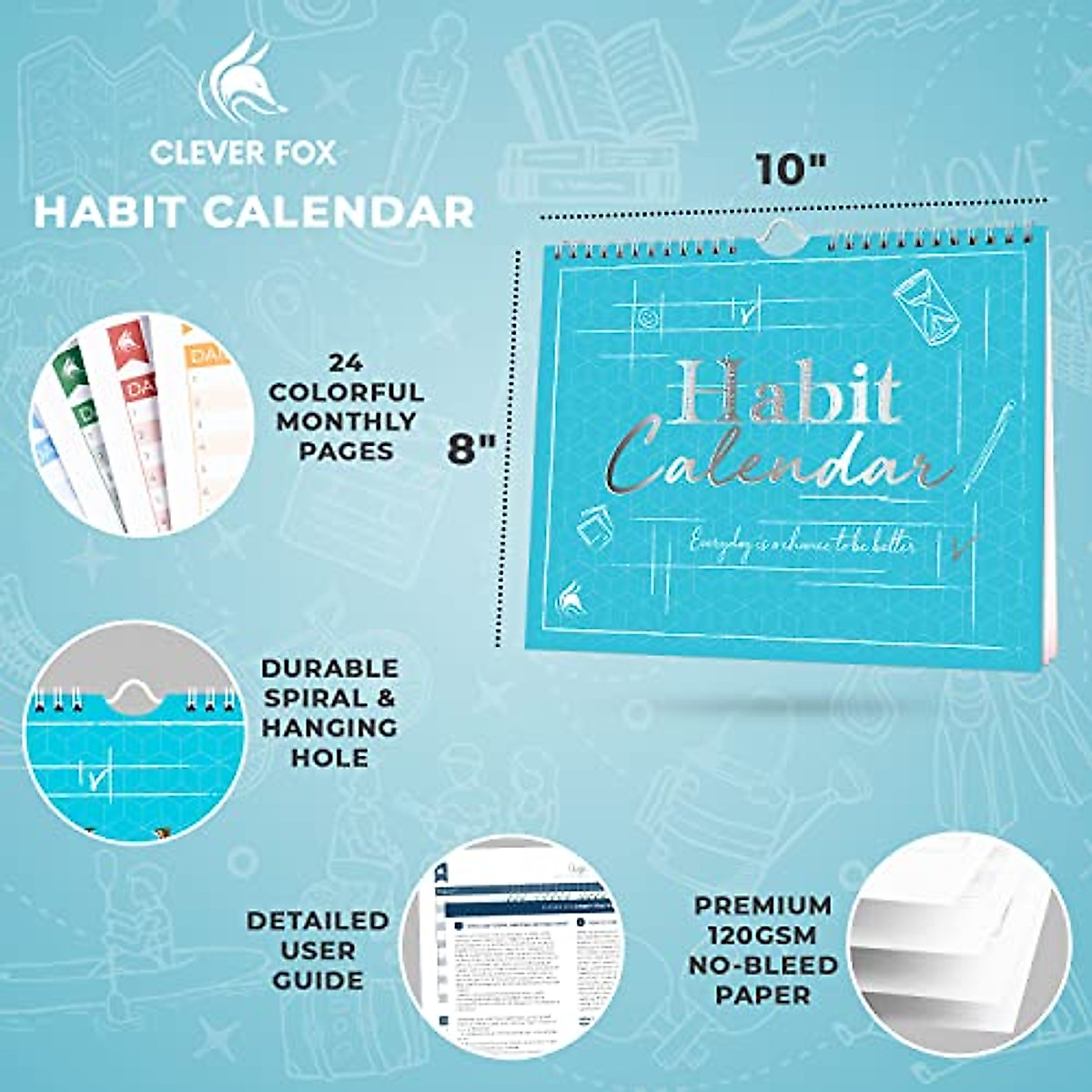 Clever Fox Habit Tracker Calendar – Inspirational Goal Tracker and Habit Calendar for Atomic Habits – Colorful Habit & Goal Planner Journal to Boost Productivity – 24 Months, 10″ x 8″ (Turquoise)