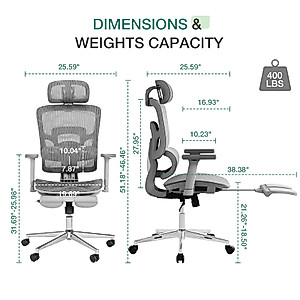 Novilla Ergonomic Office Chair, Adjustable Headrest with 3D Armrest, Office Chair with Adjustable Lumbar Support, Retractable Footrest, Mesh Office Chair High Back Gaming Chair, Grey