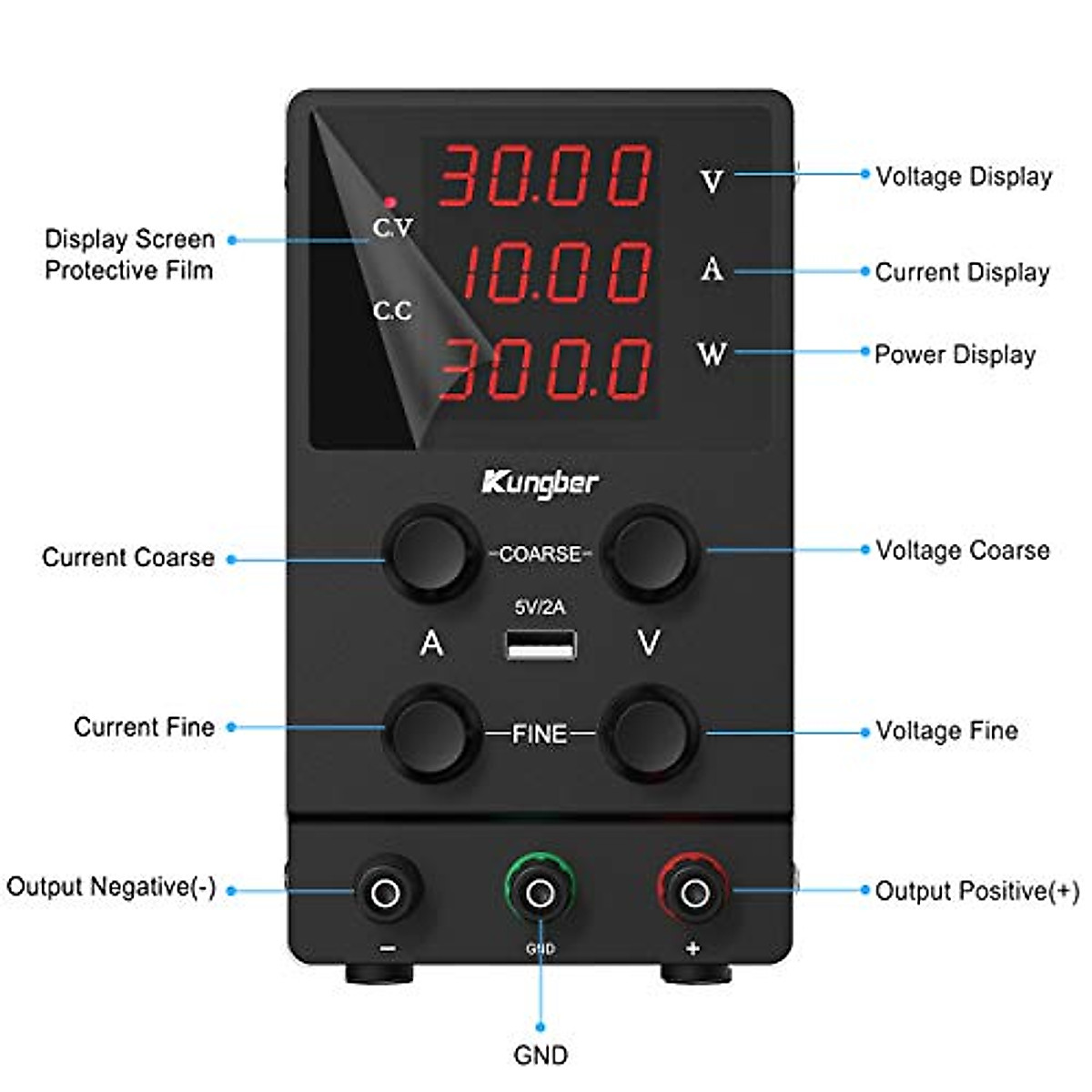 Kungber DC Power Supply Variable, 30V 10A Adjustable Switching Regulated DC Bench Linear Power Supply with 4-Digits LED Power Display 5V/2A USB Output, Coarse and Fine Adjustments with Alligator Leads