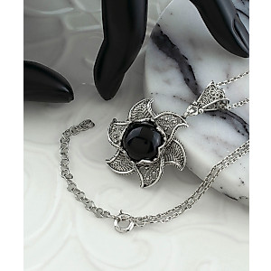 Filigranist 925 Sterling Silver Filigree Art 3D Lotus Flower Women Pendant Necklace with Gemstones (Black Onyx)