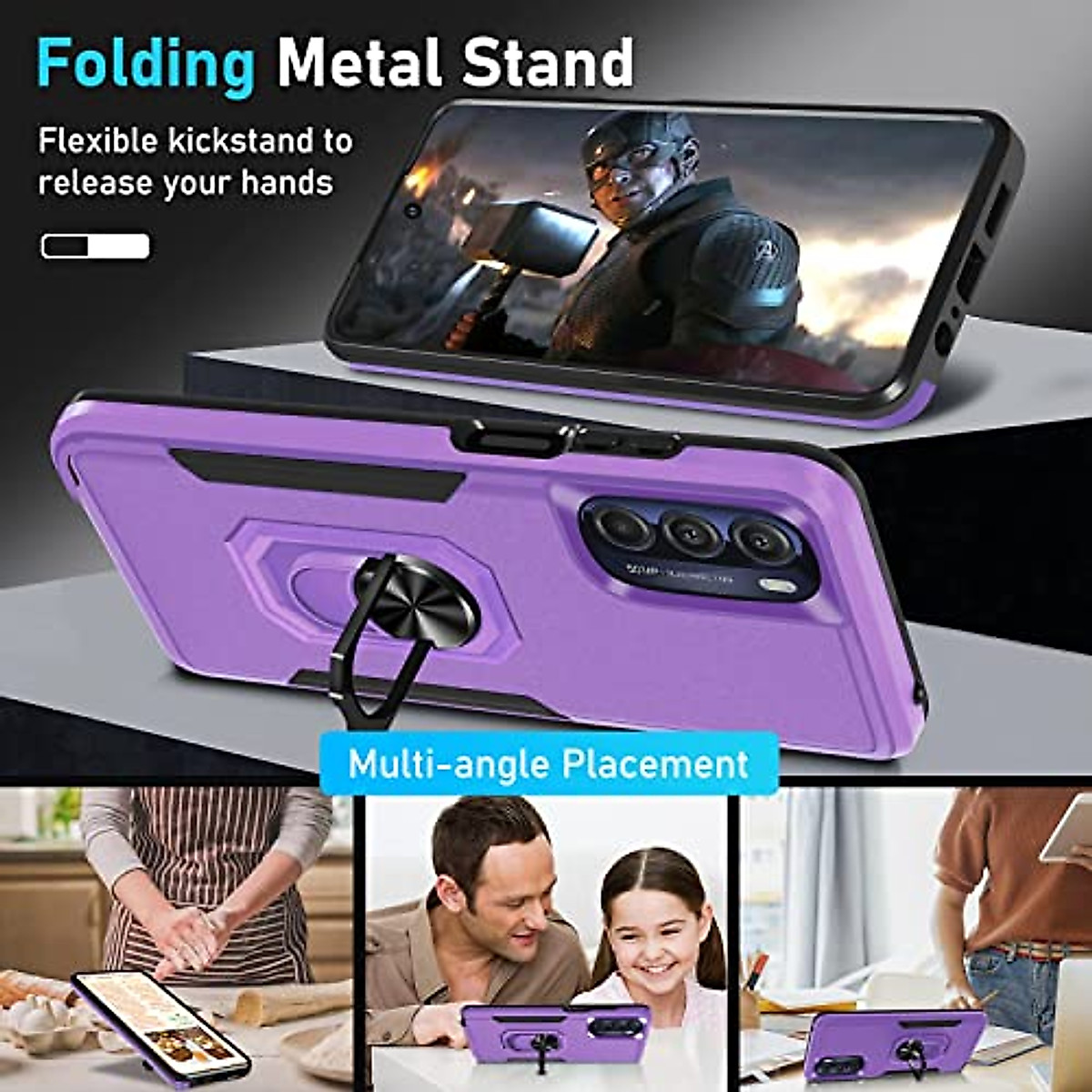 Janmitta Motorola Moto G 5G 2022 Case with Screen Protector[2 Pack], Heavy Duty Shockproof Full Body Protective Phone Cover,Built in Rotatable Magnetic Ring Holder Kickstand,Lavender