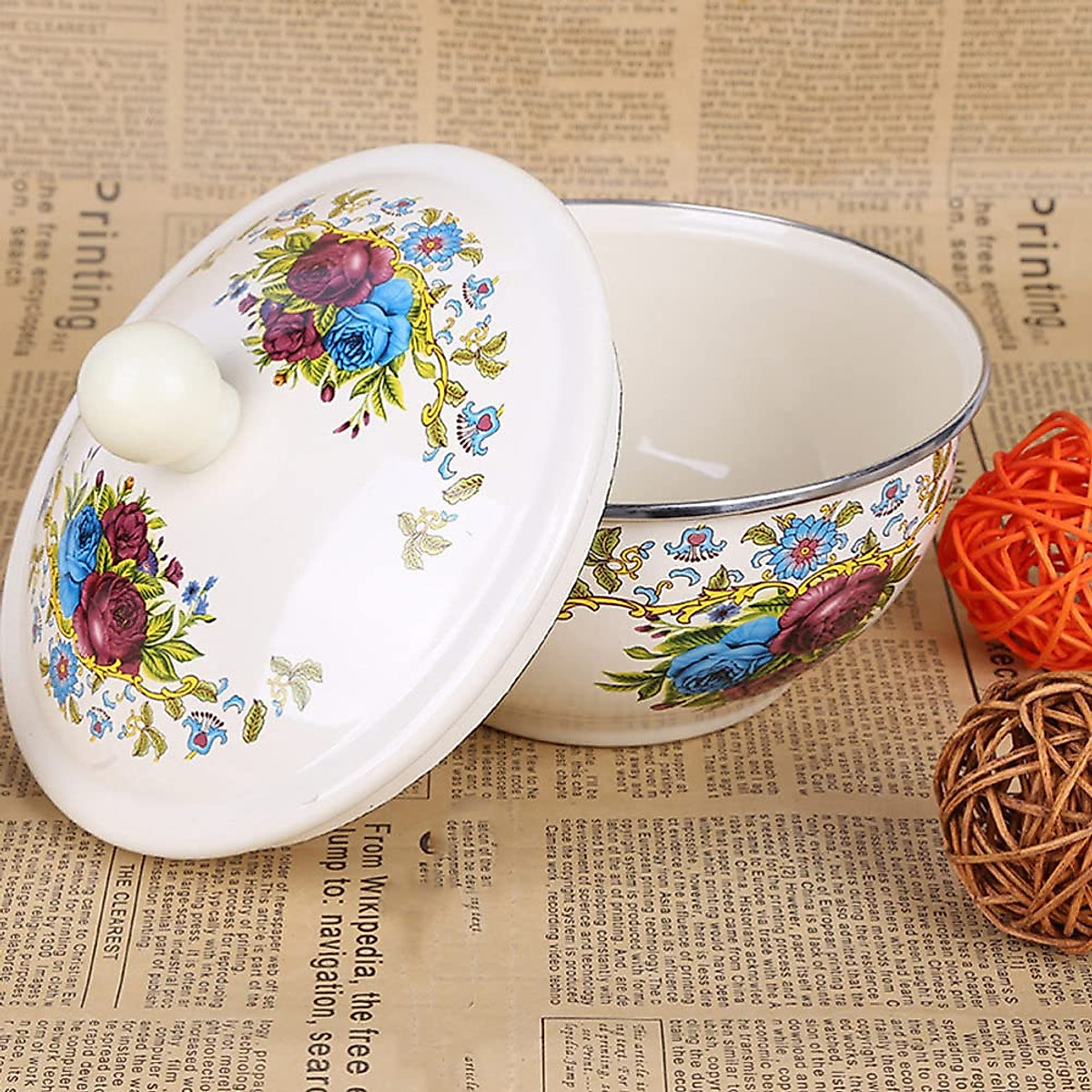 Cabilock Mixing Bowl Enamel Soup Bowl With Lid Flower Prints Enamelware Basin Old- fashioned Bowl Thickened Enamelware Bowl Large Capacity Vegetable Fruit Rice Pot Random Color Enamel Serving Bowls