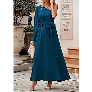 KIRUNDO Women's Satin Long Sleeve One Shoulder Maxi Dress Asymmetrical Tie Waist Slit Party Cocktail Long Formal Dresses(Dark Blue, X-Large)
