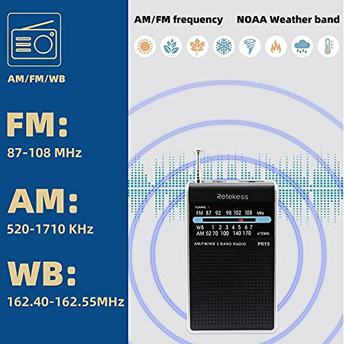 Retekess PR15 Pocket NOAA Weather Radio, AM FM Emergency Weather Radio Portable, Little Transistor Radio Powered by AAA Battery for Walking, Camping (Silver Black)