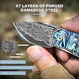 DRACHENADER Small Damascus Pocket Knife for Women and Men Abalone Knife Japanese Keychain Mini Pocket Knife Folding VG10 67 Layers Damascus Steel, birthday Gift Box Included