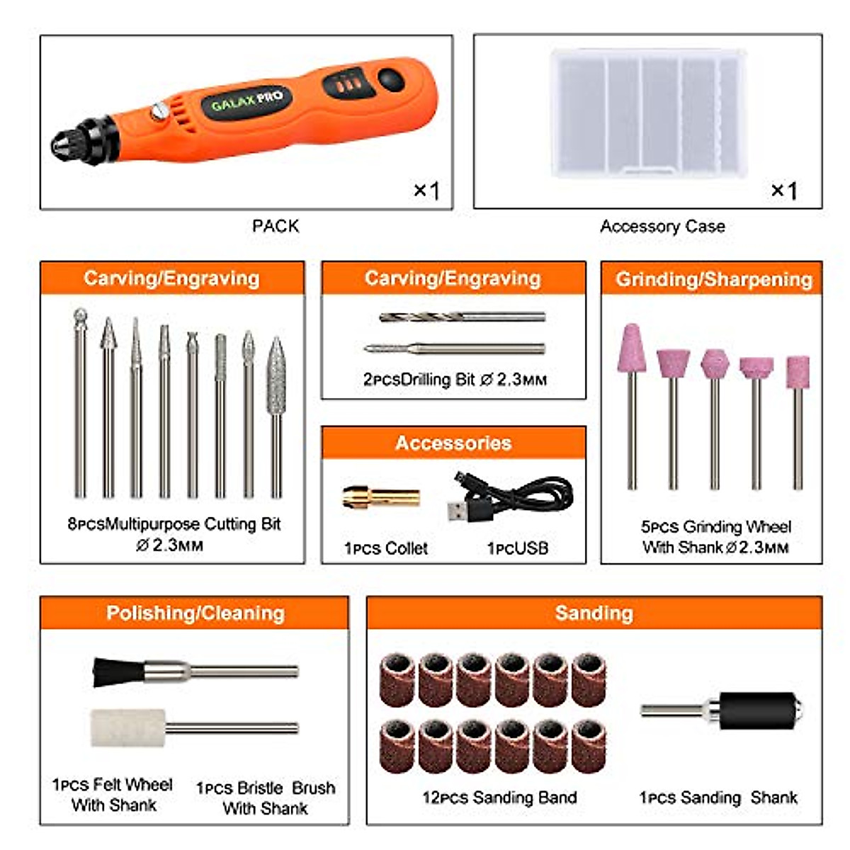 GALAX PRO 3.6V Lithium Ion Mini Cordless Rotary Tool Kit, 3 Adjustable Speed, USB Charging Cable and 31 Accessories for Drilling, Grinding, Cleaning, Polishing and Carving