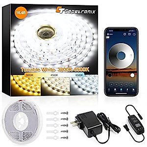 CT CAPETRONIX LED Strip Lights, 3000K-6500K Tunable White LED Light Strip, 16.4ft 300LEDs 600Chips Smart App&Controller Music Sync DIY Candle Mode Dimmable Bright LED Tape Lights for Bedroom,Kitchen
