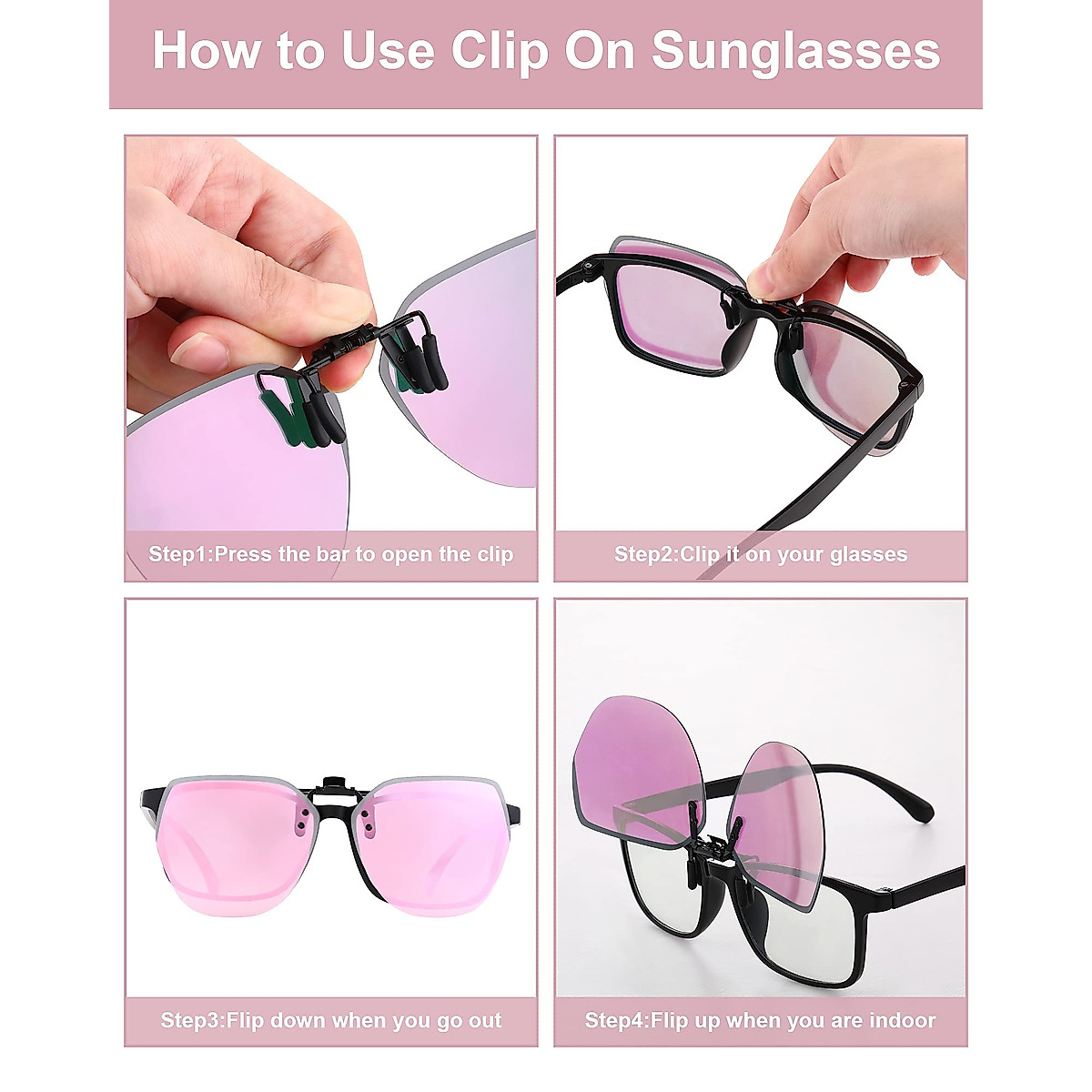 Frienda 3 Pairs Polarized Clip on Sunglasses over Prescription Glasses Rimless Anti-glare Sunglasses Flip up Sunglasses(Black-Gray, Blue-Pink, Pink)