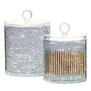 YETTASBIN Silver Glitter Plastic Apothecary Jars 2 Pack, Qtip Holder Dispenser with Lid, Bathroom Storage Canister Jar for Cotton Swab, Cotton Ball, Floss