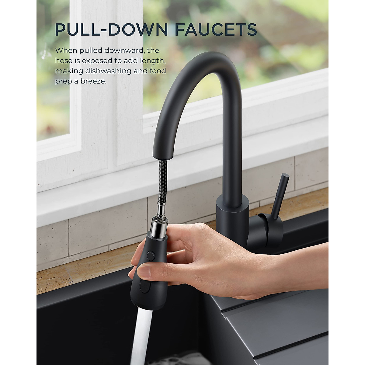 FORIOUS Black Kitchen Faucet, 304 Stainless Steel Kitchen Faucet with Pull Down Sprayer, Commercial Utility Pull Out Sink Faucet, Single Handle High Arc Kitchen Sink Faucets for RV, Laundry, Bar