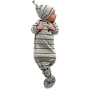 COLOOM Infant Baby Gown Newborn Knotted Sleeper Striped Sleep Gowns Swaddle & Cap (Grey Stripes, 0-6Months)