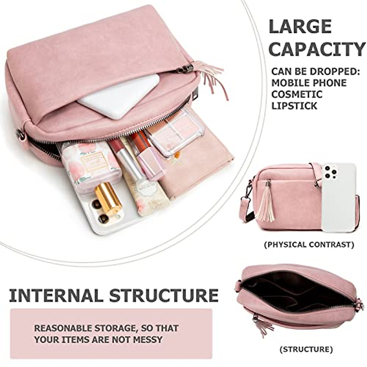 myfriday Lightweight Medium Crossbody Bag for Women, Camera Shoulder Purses Pocketbooks with Tassel and Triple Zipper Pocket