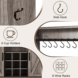 4 EVER WINNER Farmhouse Coffee Bar Cabinet with 9 Racks, Sideboard Buffet Cabinet for Liquor with 6 Hooks & Adjustable Shelves, Large Wine Bar Cabinet for Kitchen Dining Room, Wash Grey