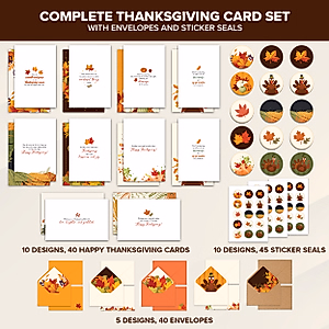 Decorably 40 Pack Foiled & Glittery Happy Thanksgiving Cards with Envelopes & Stickers - 10 Designs with Printed Message Inside Thanksgiving Greeting Cards with Envelopes, 4x6in Thanksgiving Cards Pack