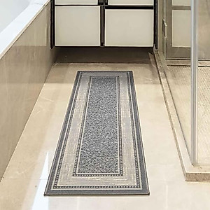 Ottomanson Ottohome Non-Slip Rubberback Bordered Design 2x5 Indoor Runner Rug, 20" x 59", Light Gray