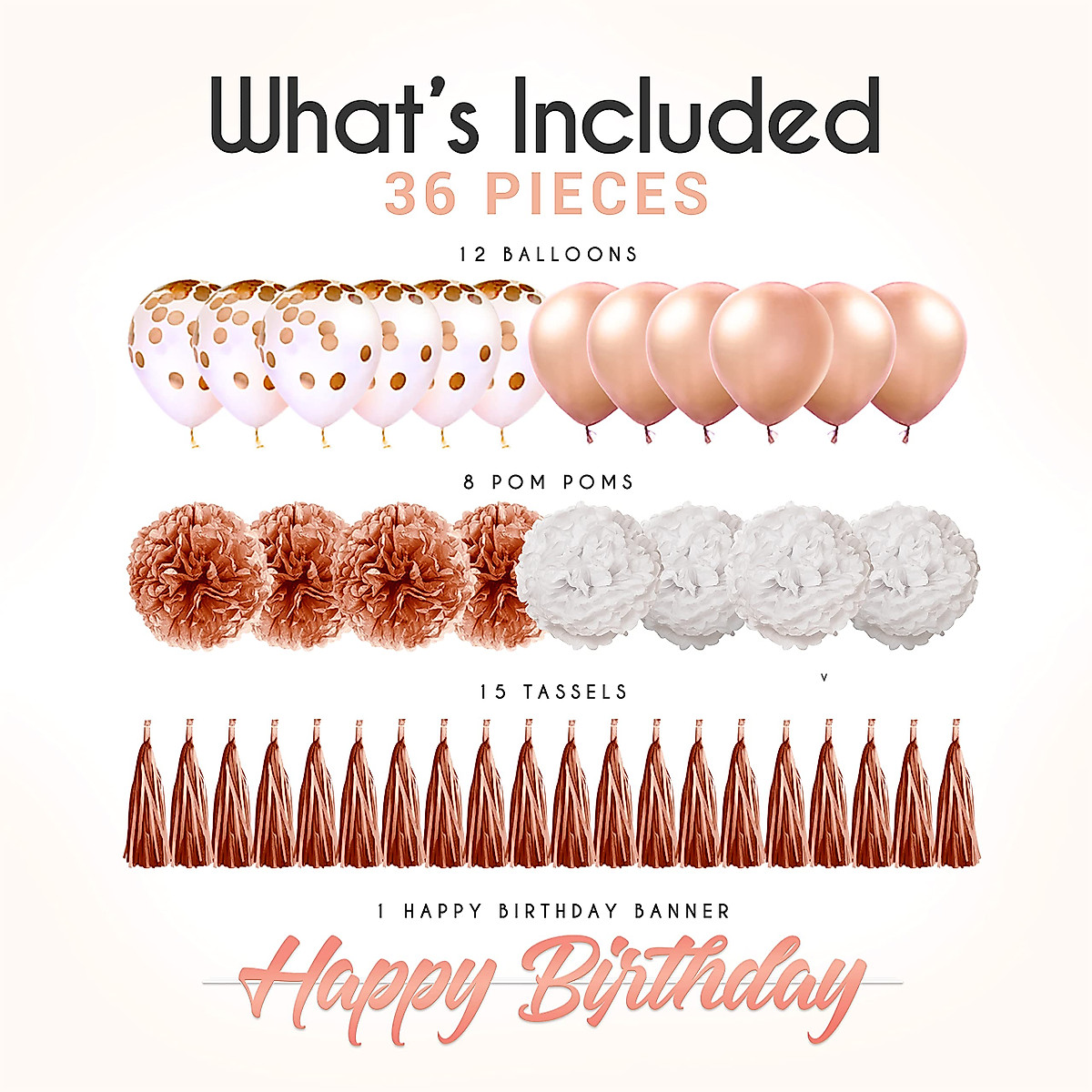 EpiqueOne 36-Piece Rose Gold Birthday Kit | Includes Happy Birthday Banner, Rose Gold Balloons, Tissue Pom Poms & Tassels | Easy to Set Up | Also Ideal for Bridal and Baby Showers & More