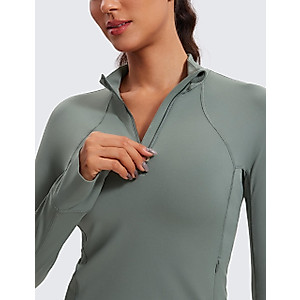 CRZ YOGA Women's Butterluxe Long Sleeve Workout Shirts Half Quarter Zip Sweatshirt Athletic Crop Tops Collared T-Shirts Grey Sage Large