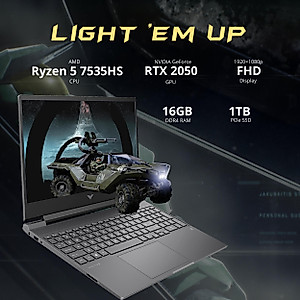 HP Victus 15.6" FHD 144Hz Gaming Laptop, AMD Ryzen 5 7535HS, 16GB DDR5, 1TB SSD, NVIDIA GeForce RTX 2050, Backlit Keyboard, HD Webcam, Wi-Fi 6, Bluetooth, Gray, Win 11 Pro, 32GB Snowbell USB Card