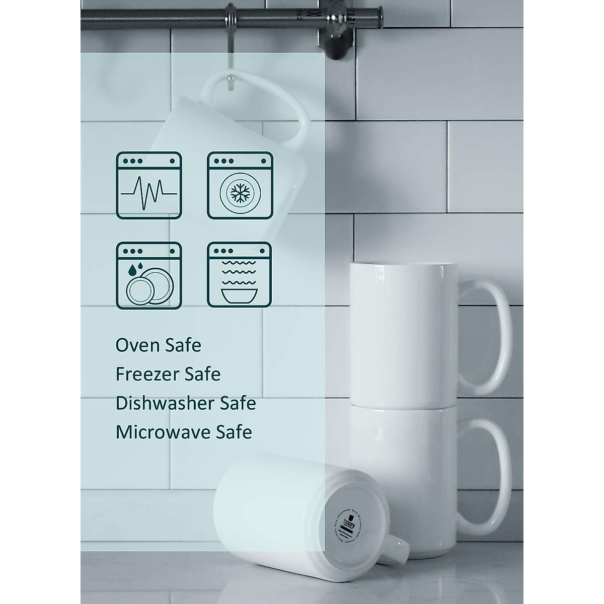 Porcelain White Coffee Mugs Set of 4-15 Ounce Cups with Large Handle for Hot or Cold Drinks like Cocoa, Milk, Tea or Water - Smooth Ceramic with Classic Design