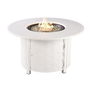 Round 44 in. x 44 in. Aluminum Propane Fire Pit Table with Glass Beads, Two Covers, Lid, 57,000 BTUs in White Finish