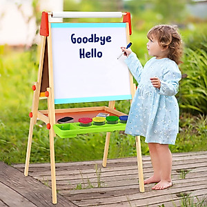 TOOKYLAND Wooden Easel for Kids - Adjustable Height Stand with Magnetic Whiteboard, Chalkboard, Paper Roll, Magnets, Drawing and Painting Accessories; Arts & Crafts Toy for 3 Year Old +