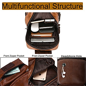 AONETIGER Small Brown Sling Crossbody Backpack Shoulder Bag, Vintage PU Leather Casual Daypack Rucksack with USB Charger bag for Men Women