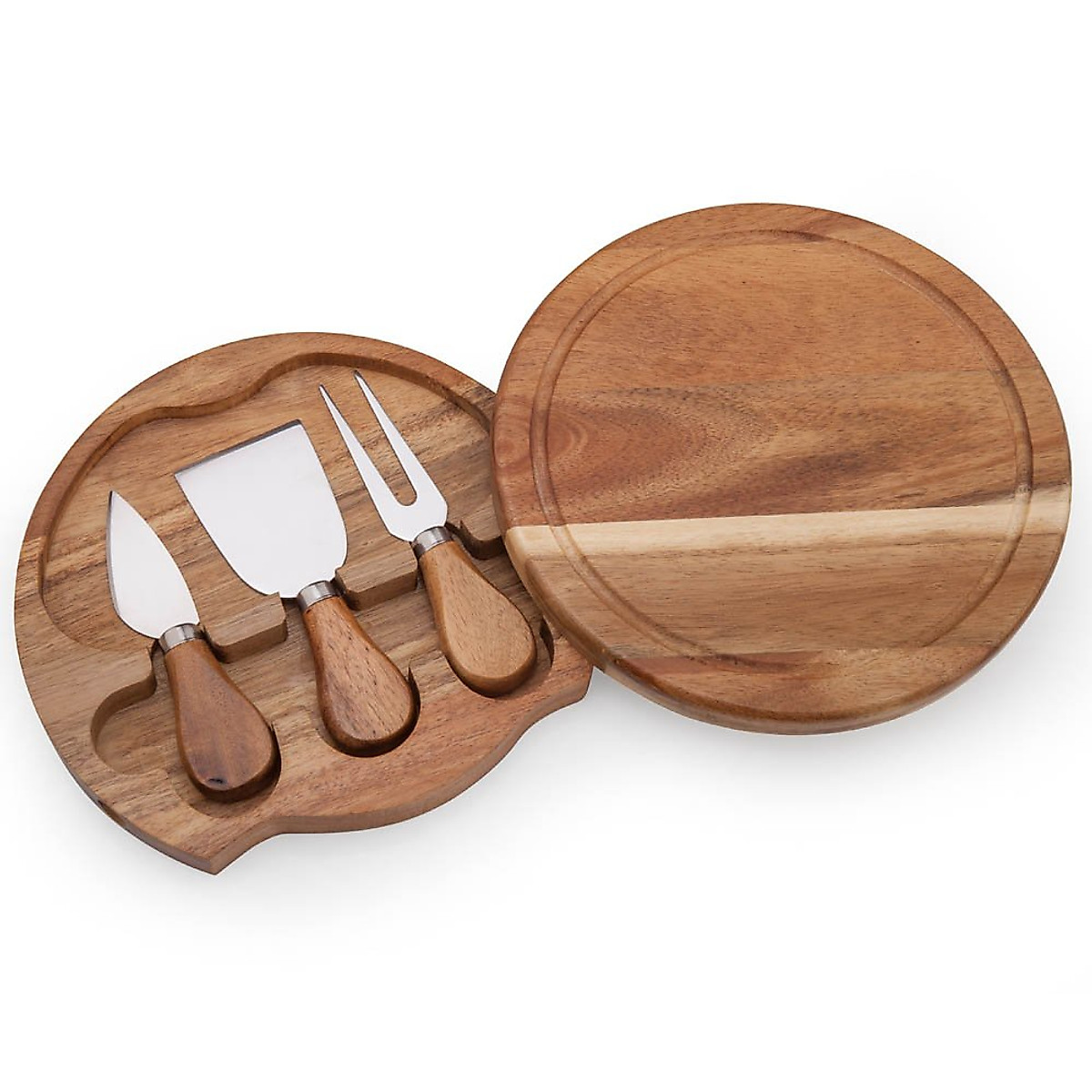 Tungyi Round Slide-Out Acacia Wood Cheese Serving Board and 3 Piece Cheese Tool Set, 7.5 inch Diameter, Ideal for Outdoor Picnic Housewarming Kitchen Personalized Gift
