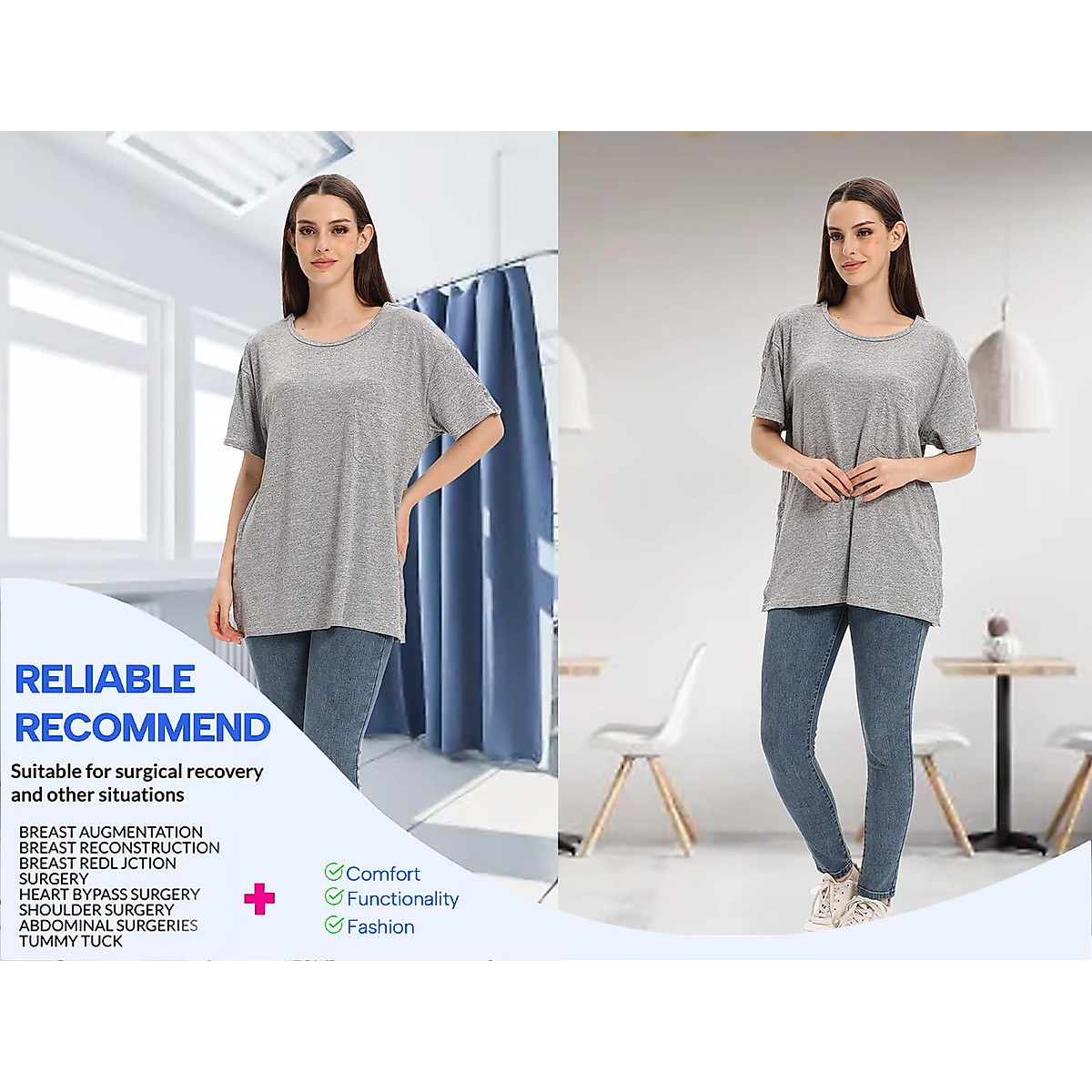 Unisex Post Shoulder Surgery Shirts for Men Rotator Cuff Chest Recovery Shirt Women Full Snap Access Dialysis Chemo Clothing X-Large Grey