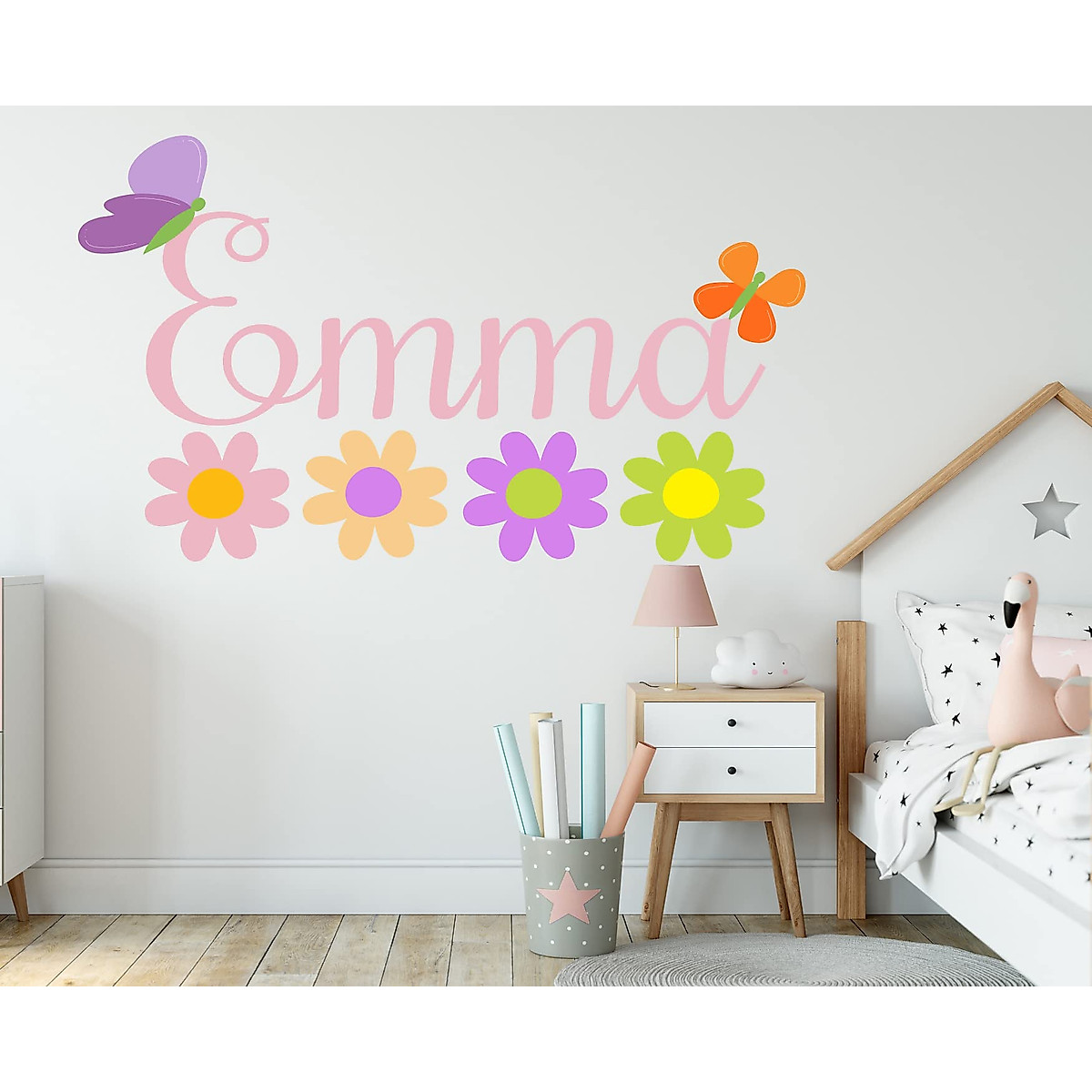 Custom Name Flowers Wall Decal - Personalized Name Butterfly Decor - Daisy Wall Decal Peel and Stick - Pastel Flowers - Girls Flowers Wall Stickers - Wall Decal for Home Nursery Bedroom Decoration