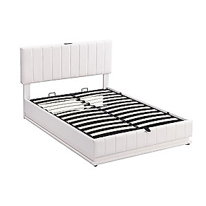 CKLMMC Modern Upholstered Platform Bed with Hydraulic Storage System,Full Size PU Storage Bed with LED Lights and USB Charger for Kids Teens Adults (White/PU-K)
