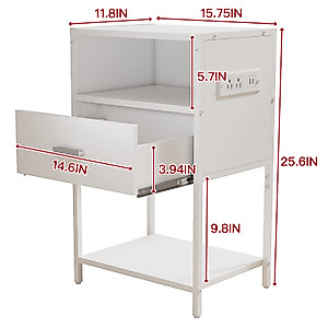 LDTTCUK Nightstand with Charging Station, Modern End Table with Drawer, White Bedside Table with Open Storage for Bedroom
