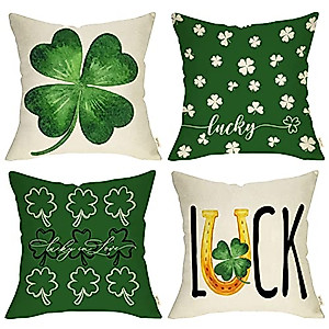 Fjfz St. Patrick's Day Luck Clover Decorative Throw Pillow Covers 20 x 20 Set of 4, Green Shamrock Horseshoe Holiday Porch Patio Home Decor, Irish Lucky in Love Gifts Outdoor Sofa Couch Cushion Case