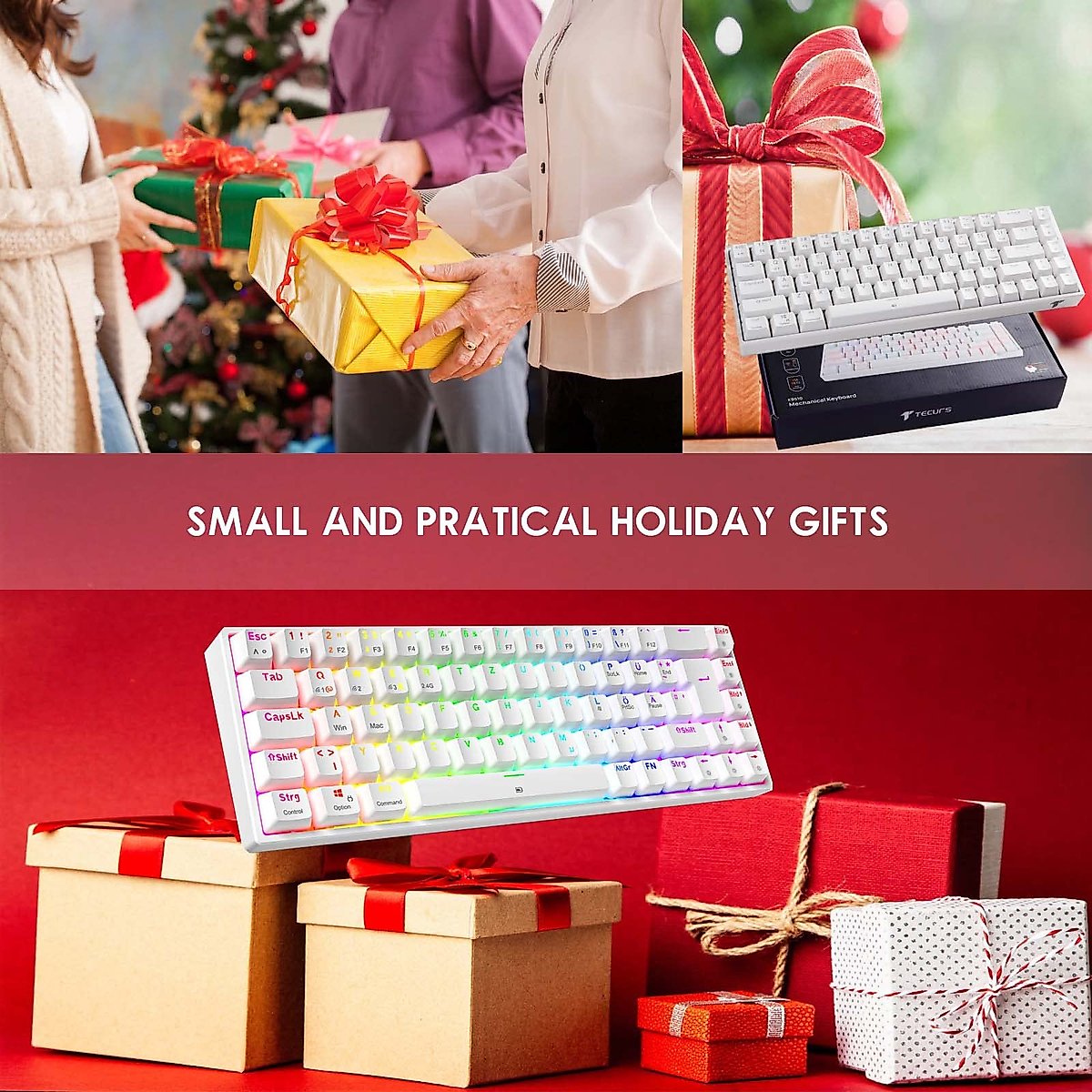 TECURS 65% Wireless Gaming Keyboard, 68 Keys RGB Backlit Ultra Compact Mechanical Feeling Keyboard - Red Switch, 2.4G/Type-C/Multi-Device Bluetooth Keyboard for PC Mac Windows Gamer