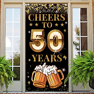 Cheers to 50 Years Door Banner, Happy 50th Birthday Decorations for Men Women, Golden 50th Anniversary, Black Gold 50 Year Class Reunion Party Backdrop Yard Sign for Outdoor Indoor, Fabric, Vicycaty