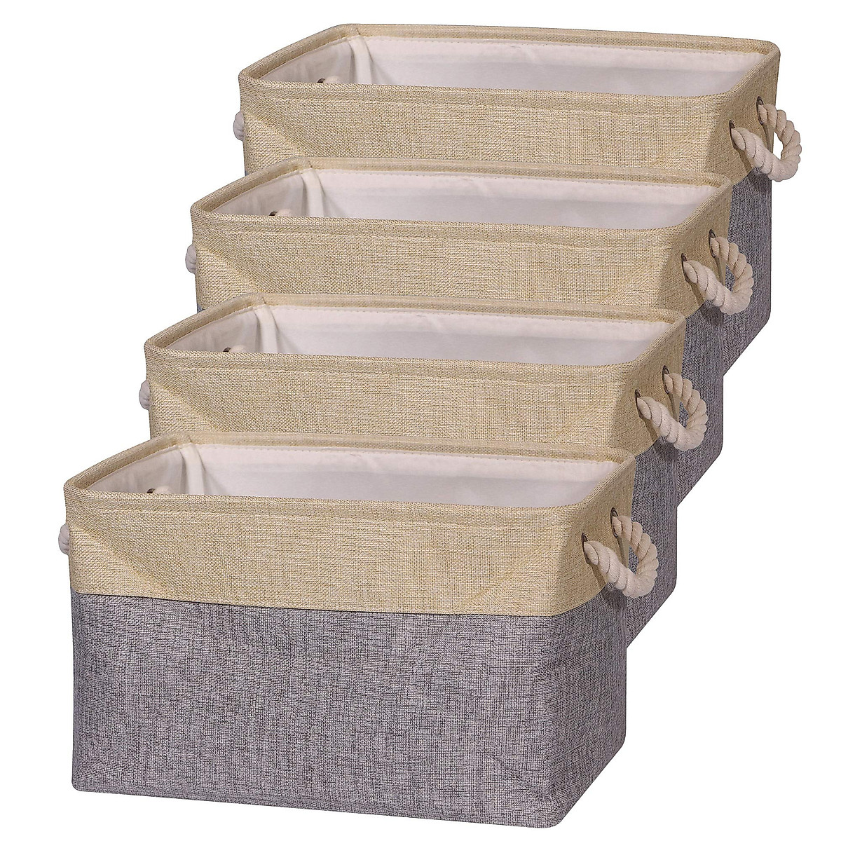 TENABORT Set of 4 Large Storage Basket Bin, Foldable Storage Cube Box Canvas Fabric Collapsible Organizer with Handles for Closet Home Office Clothes Shelf Nursery, Grey and Beige