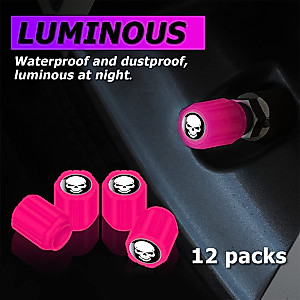12PCS Fluorescent Skull Car Tire Valve Stem Caps, ABS Corrosion Resistant Wheel Valve Cover, Luminous Illuminated Cap Glow in The Dark, Auto Decor Accessories for Motorcycles Bicycles (Pink/White)
