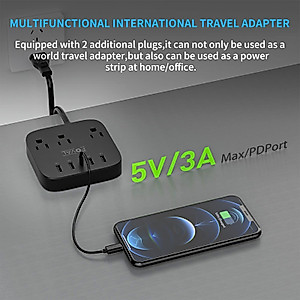 European Travel Plug Adapter, FOVAL EU UK US Power Strip with USB C and 4 USB Ports, 3 AC Outlets, Wall Mountable, 5ft Extension Cord, Compact for Travel, Cruise Ship, Home Office (Black)