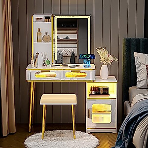 FOMNEY Vanity Set with Mirror ＆ Lights, Makeup Vanity Desk with Wireless Charging Station, Makeup Vanity Including Stools, Vanity Table ＆Dressing Table with Storage Drawers for Bedroom(White)