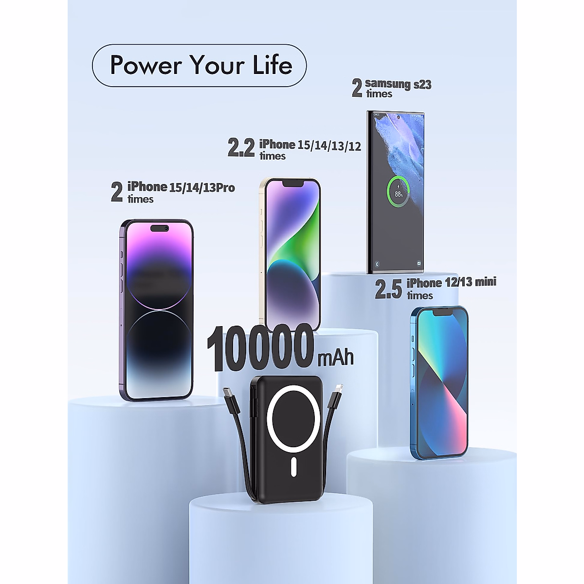 podoru Wireless Portable Charger, 10000mAh Magnetic Power Bank Built-in USB C Lighting Cables 22.5W PD Fast Charging LED Display Mag-Safe Battery Pack for iPhone 15/14/13/12/Mini/Pro/Pro Max - Black