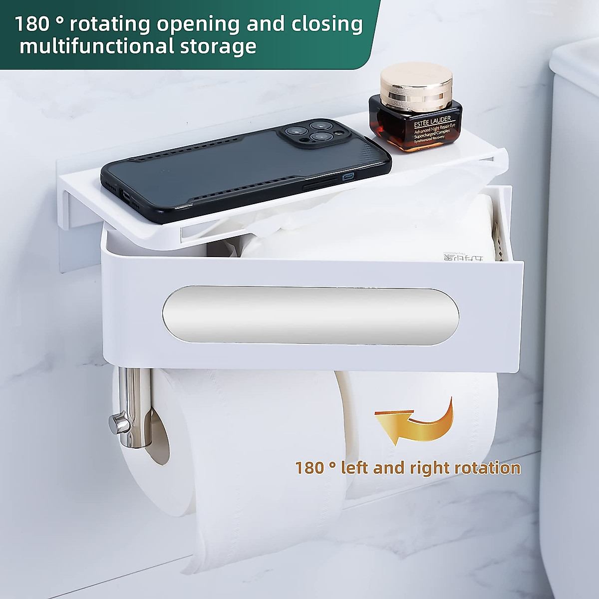 White Bathroom Toilet Paper Holder with Shelf and 180°Rotation Movable Storage Box, ABS Material Wall Mount Double Roll Tissue Holder Dispenser, Punching or Self Adhesive Two Different Installation