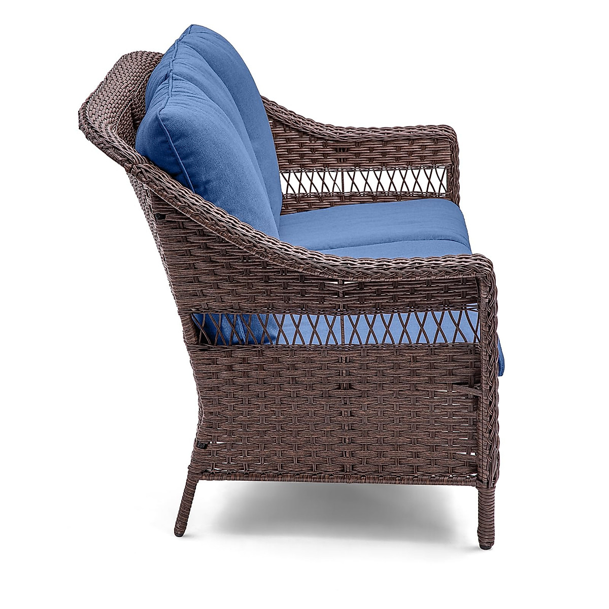 Buenhomino Outdoor Patio Sofa Couch - 3 Seater All Weather Rattan Conversation Sofa Porch Furniture Wicker Sofa with Deep Seat High Backrest for Deck Porch Balcony Garden - Brown/Blue